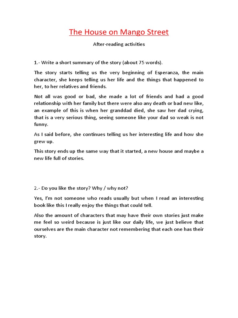 The House On Mango Street - Questions Leonardo Herrera Hincapié | PDF