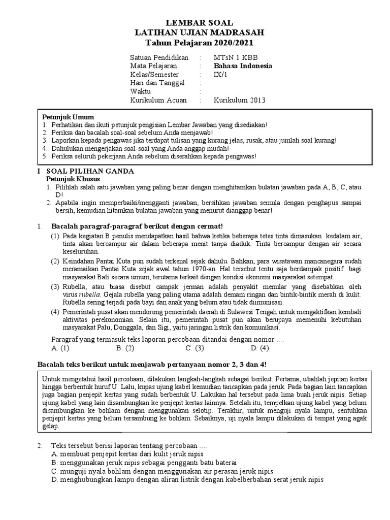 Soal PAS B.Indo Kelas 9 K13 | PDF