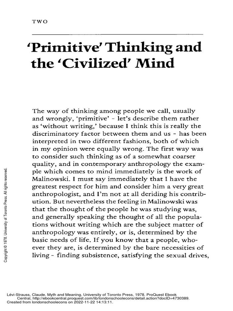 Myth and Meaning - (2 'Primitive' Thinking and The 'Civilized' Mind ...