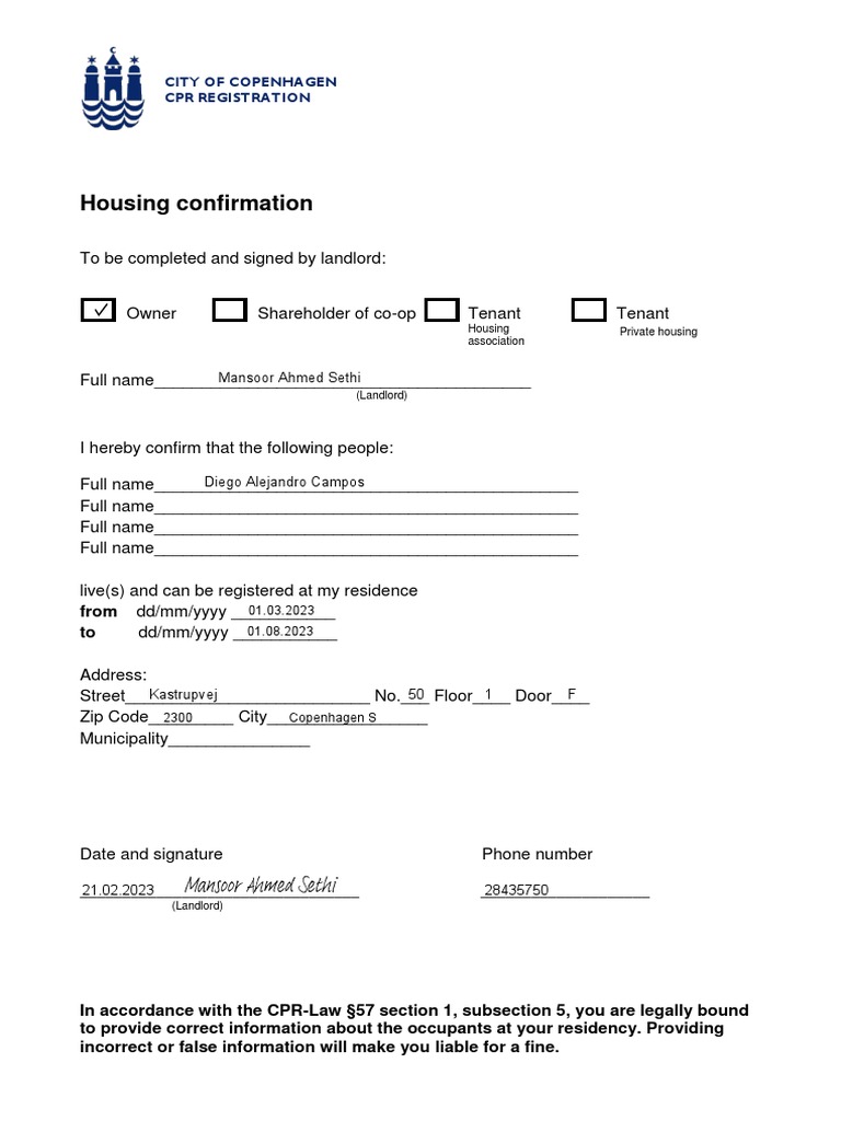 Housing Confirmation for CPR Registration | PDF | Law