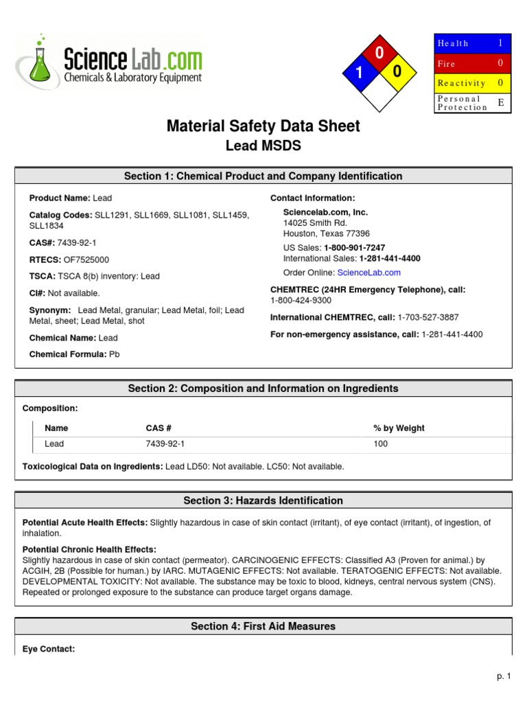 Plomo - Lead Msds Sciencelab | PDF | Personal Protective Equipment ...