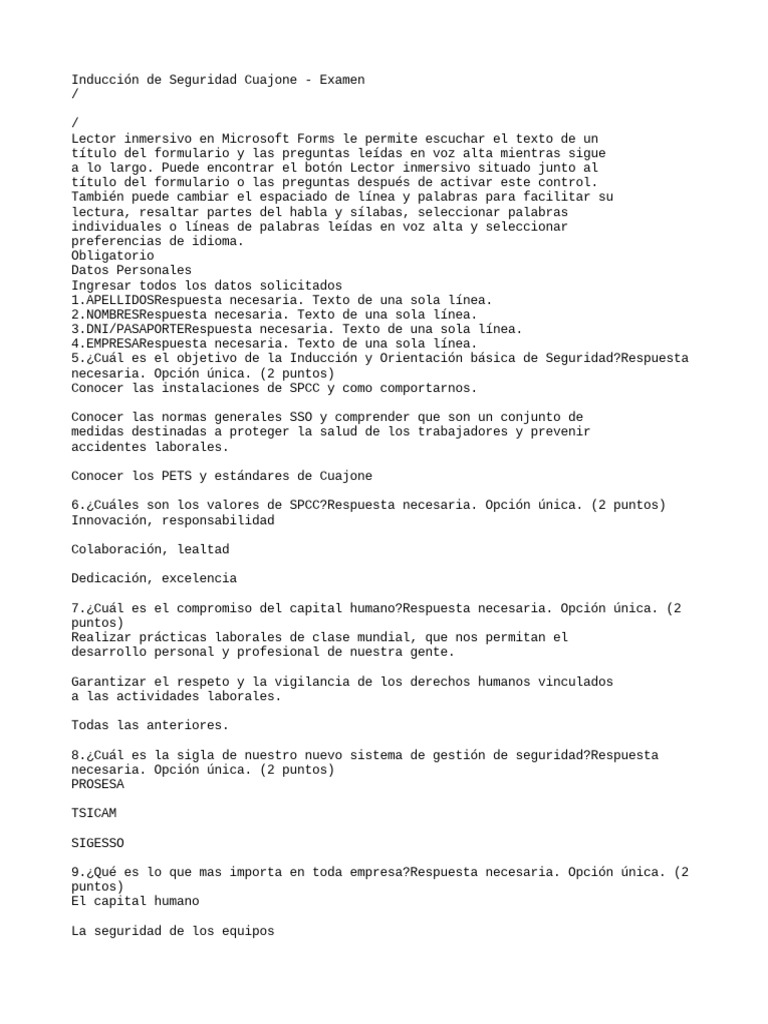 Examen de Inducción SPCC Cuajone | PDF | Contraseña | Valores