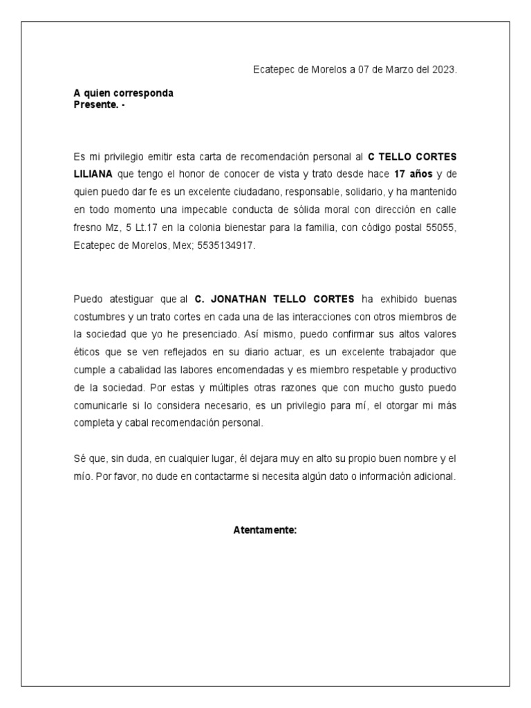 Carta de recomendación para Jonathan Tello | PDF