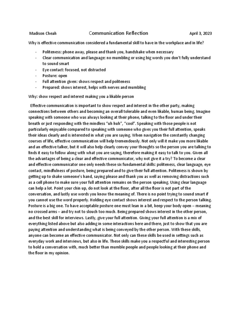 Communication Reflection | PDF | Communication | Attention
