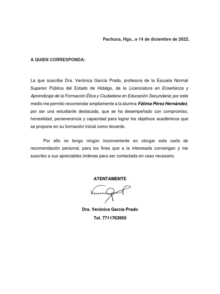 Carta de recomendación para la alumna destacada Fátima Pérez Hernández ...