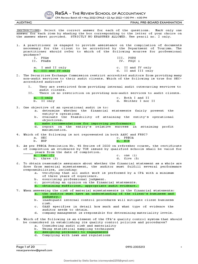 2022 - April-AUD - Preboard PDF | PDF | Audit | Financial Audit