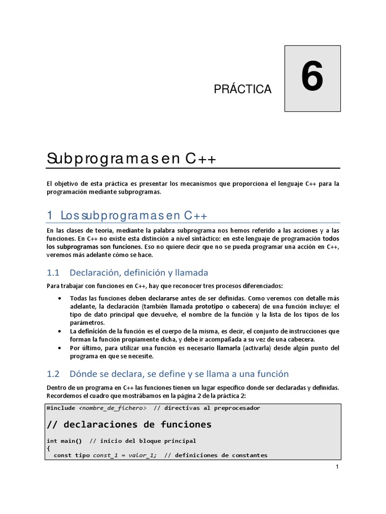 Subprogramación en C++: Declaración, definición y uso de funciones | PDF