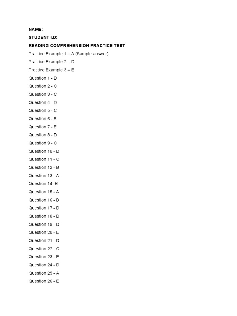 Reading Practice Test Answer Sheet | PDF