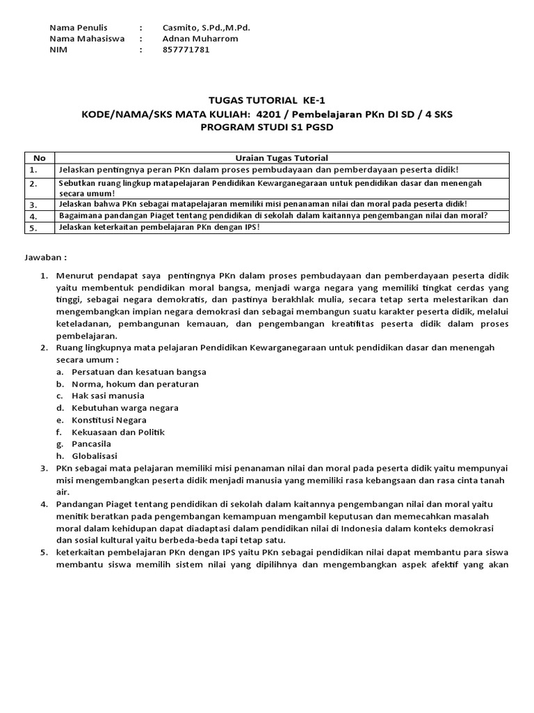 TT 1 Pembelajaran PKN SD | PDF | Kesehatan Holistik