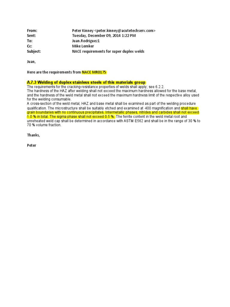 NACE Requirements For Super Duplex Welds | PDF