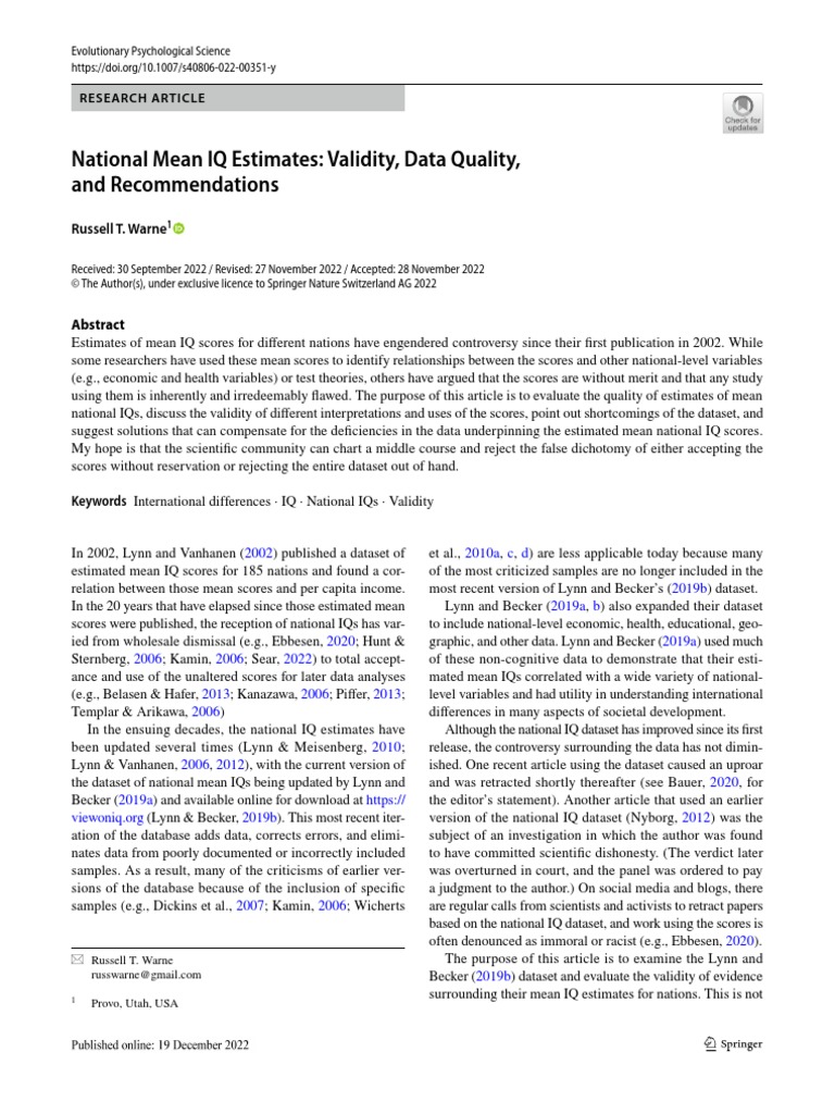 2022 National Mean IQ Estimates Validity Data Quality and ...