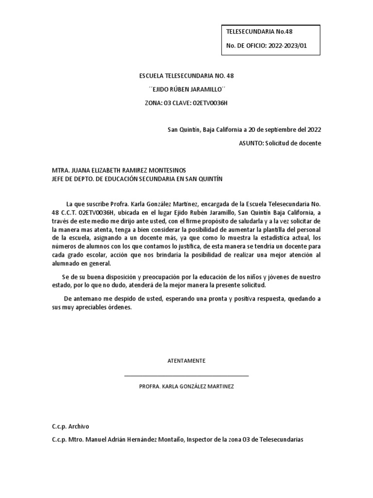 OFICIO DE SOLICITUD Docente | PDF