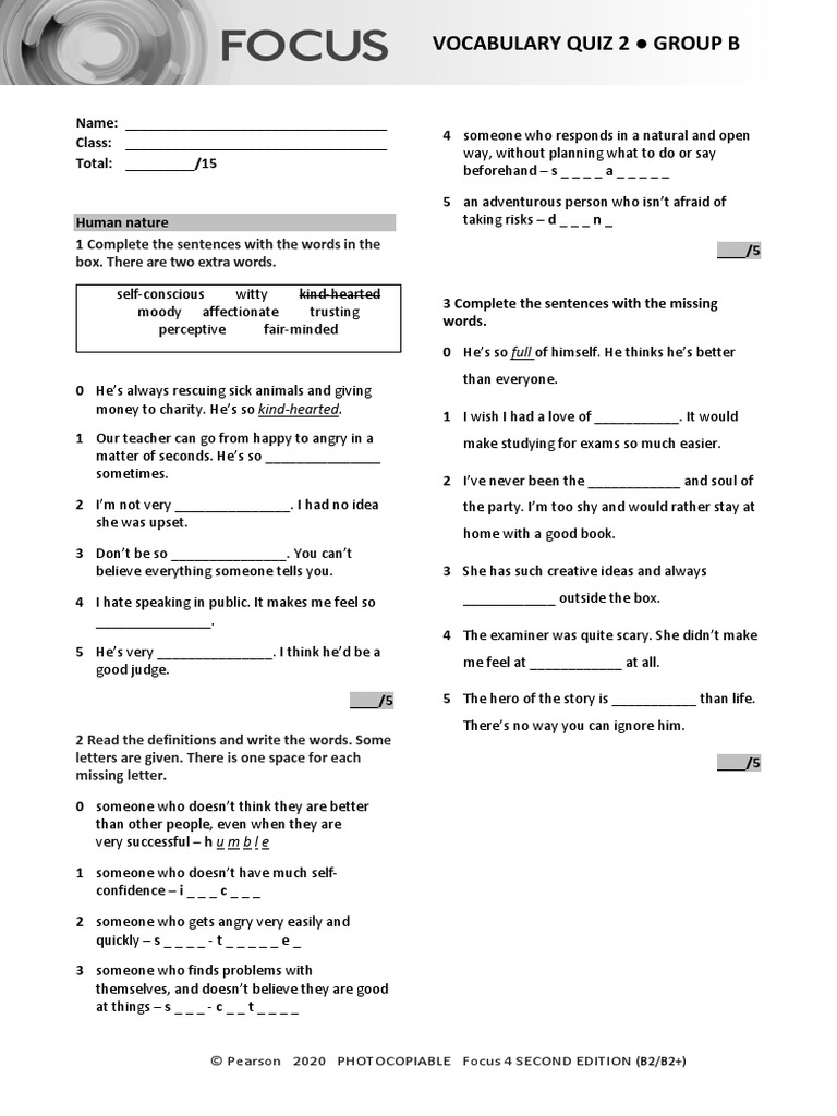 Focus4 2E Vocabulary Quiz Unit2 GroupB PDF | PDF