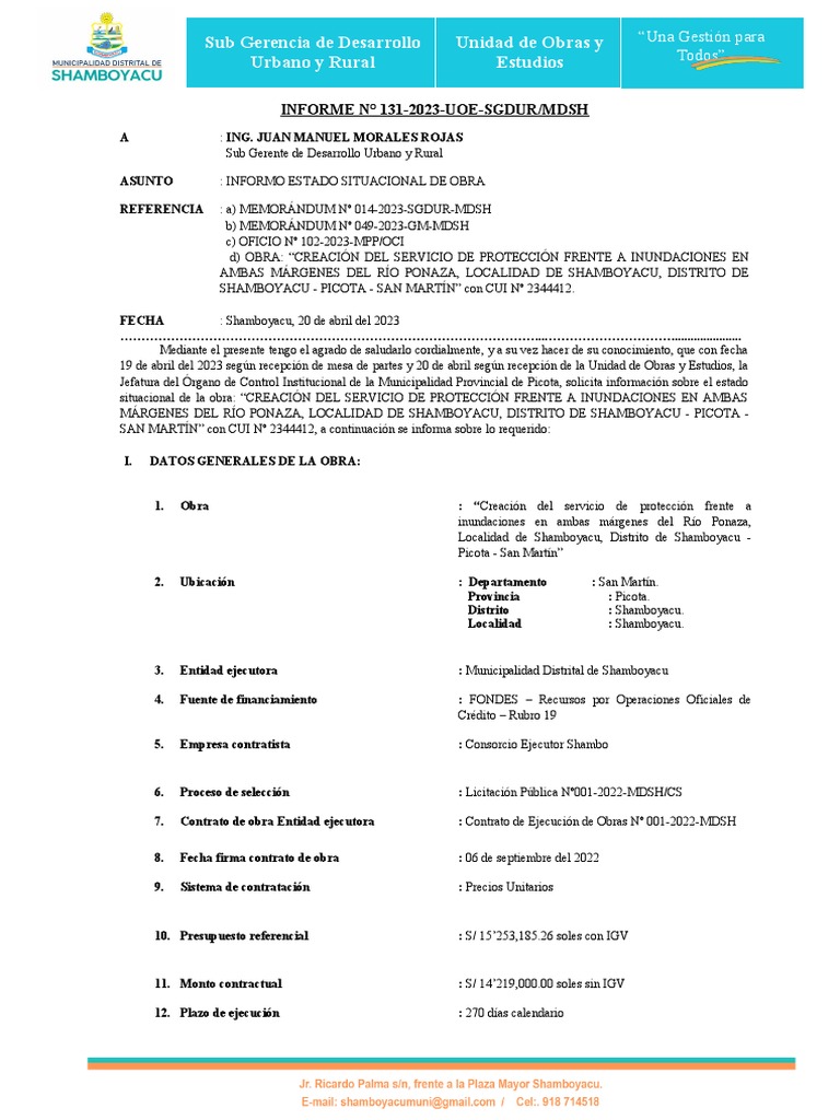 INFORME #131-2023-JUOE-SGDUR-MDSH - Informo Estado Situacional de Obra | PDF | Presupuesto
