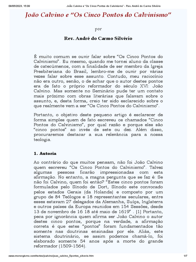 João Calvino e "Os Cinco Pontos Do Calvinismo" - Rev. André Do Carmo ...