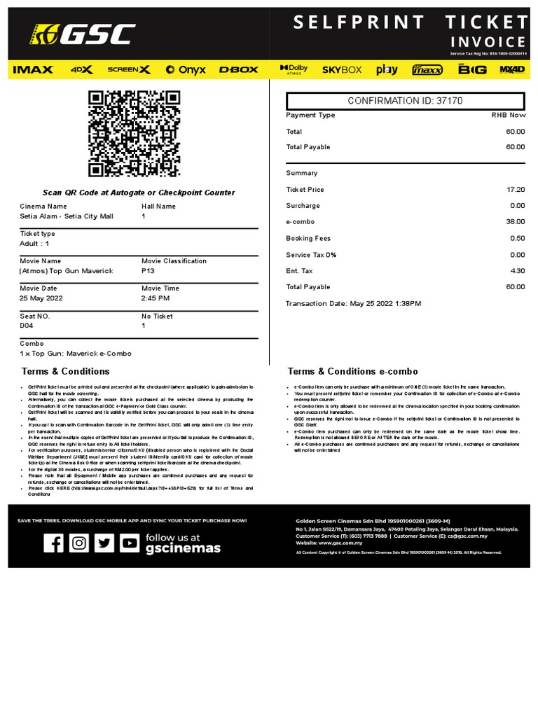 GSC SelfPrint Ticket PDF | PDF | Ticket (Admission) | Movie Theater