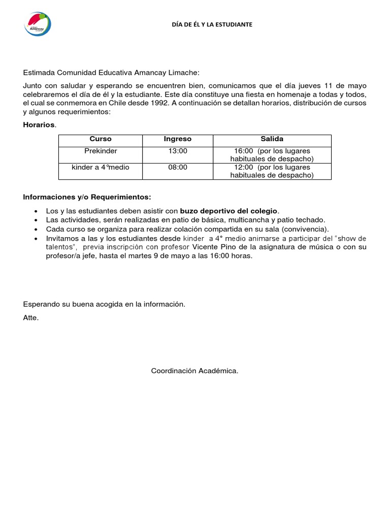 Comunicación Apoderados Día Del Estudiante 11 Mayo PDF | PDF