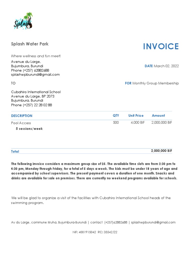 Splash Water Park Invoice for School Membership | PDF