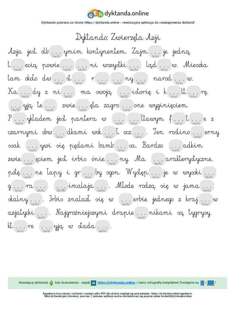 Dyktando Zwierzęta Azji Dla Klasy 3 | PDF
