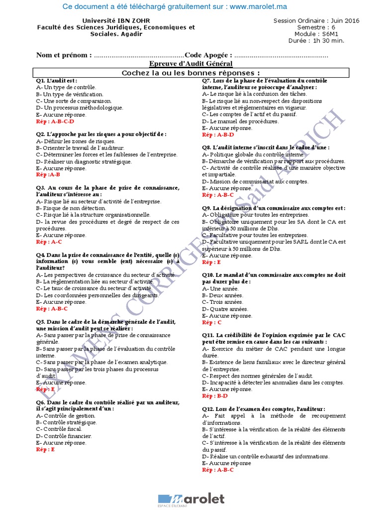 Examens Corriges Audit General 20 21 | PDF | Audit | Audit financier