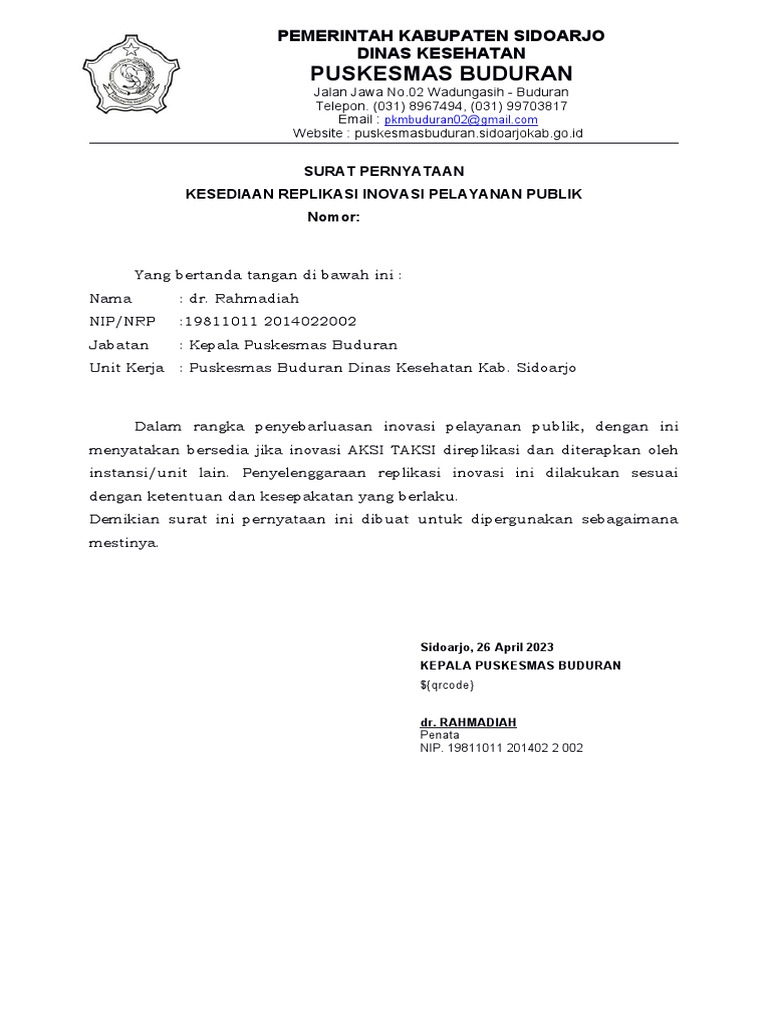 Surat Pernyataan Bersedia Di Replikasi WIWIK | PDF