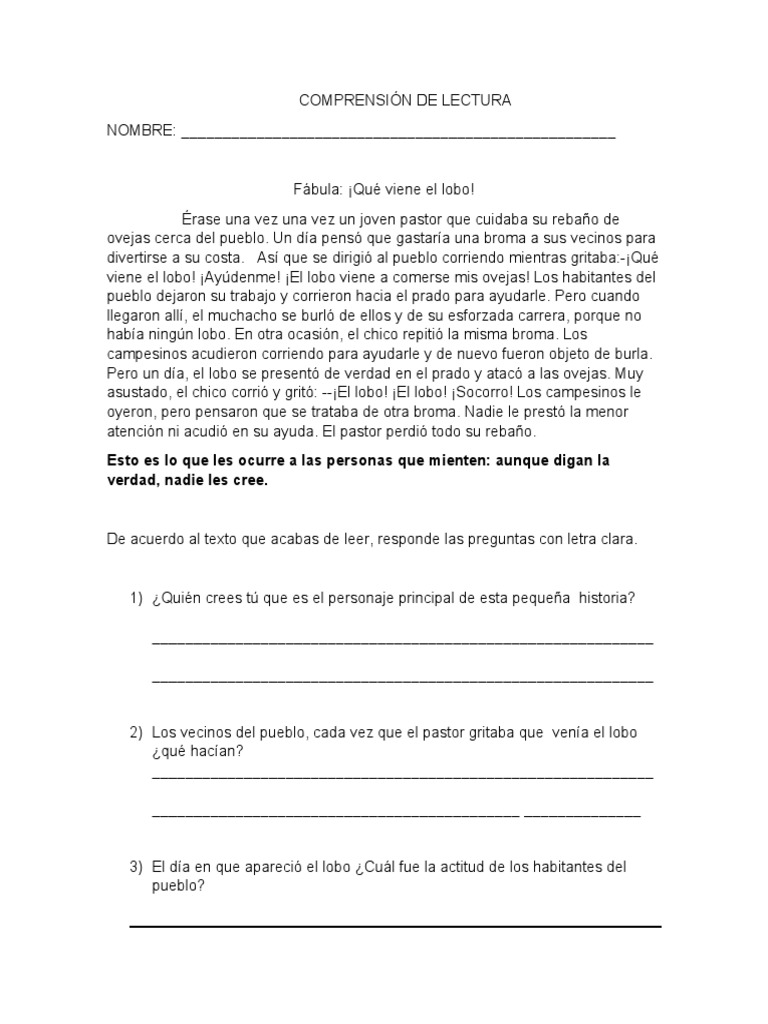 Comprensión De Lectura 3a 2 Fabula Pdf