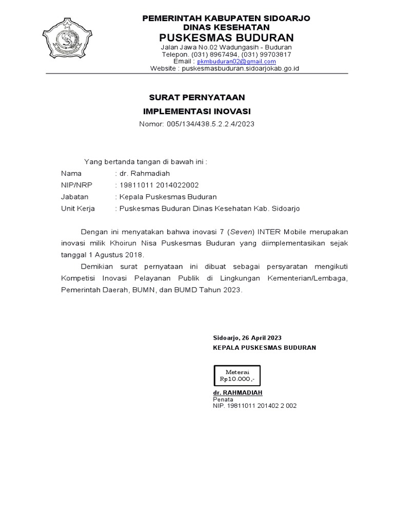 Surat Pernyataan Implementasi Inovasi Nisa | PDF