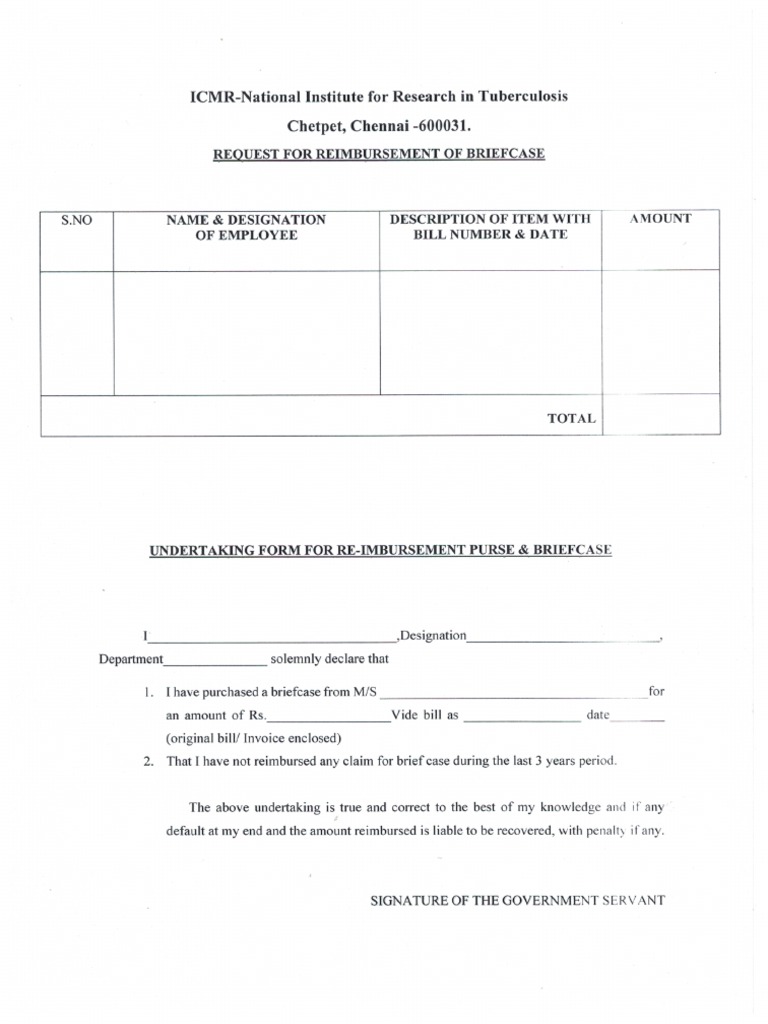 Briefcase Reimbursement Form and Undertaking PDF | PDF