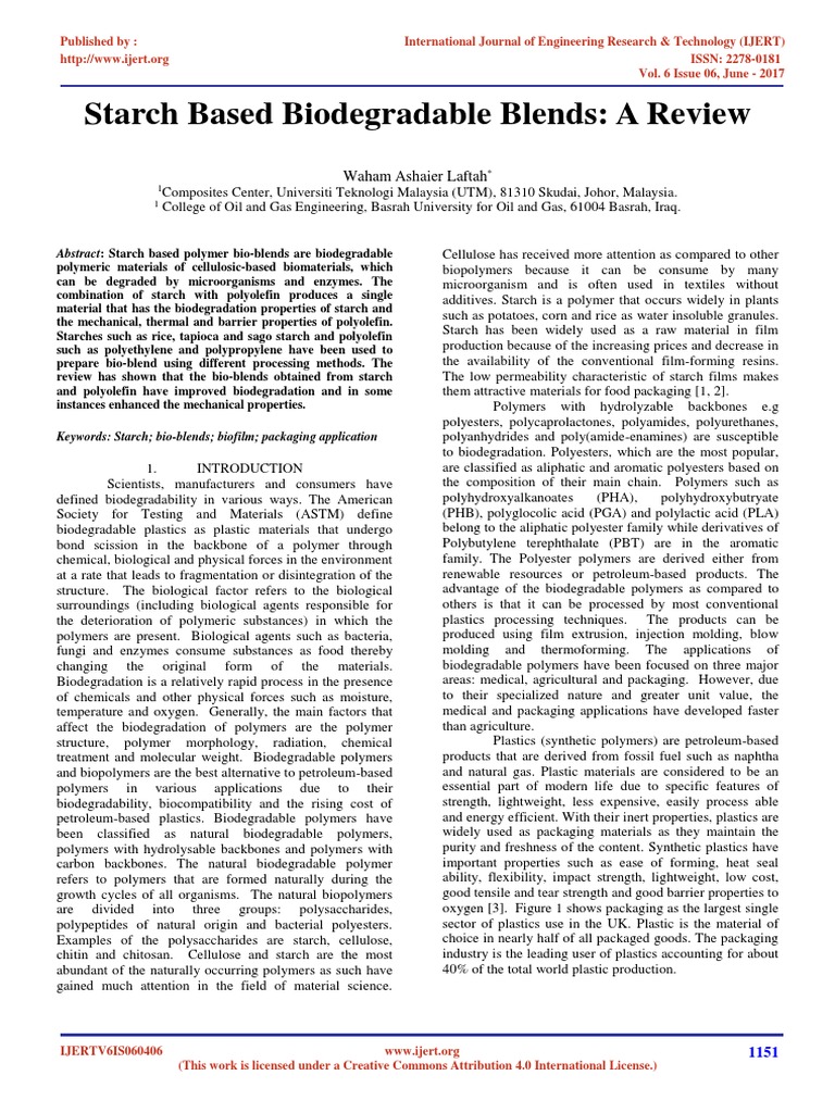 Starch Based Biodegradable Blends - A Review | PDF | Starch ...