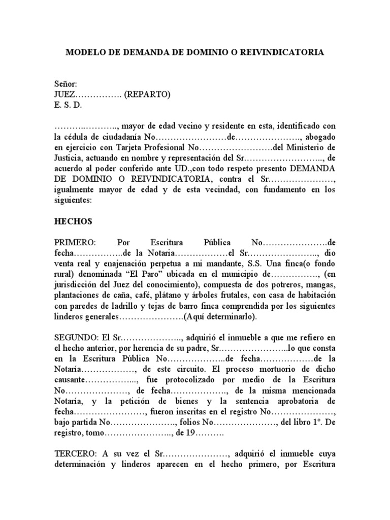 MODELO DE DEMANDA DE DOMINIO O REIVINDICATORIA | PDF | Daños y ...