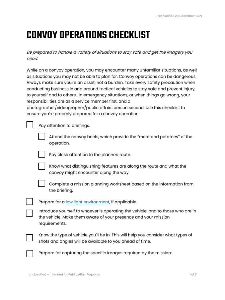 Preparing for Safety and Mission Success: A Convoy Operations Checklist ...