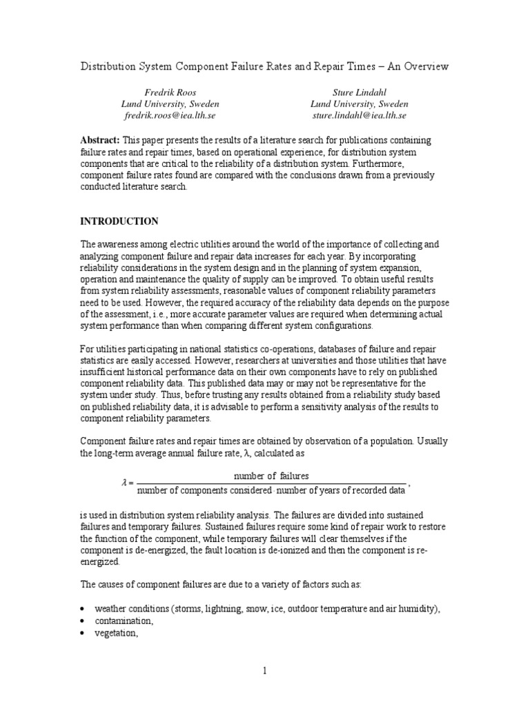 Distribution System Component Failure Rates and Repair Times - An ...