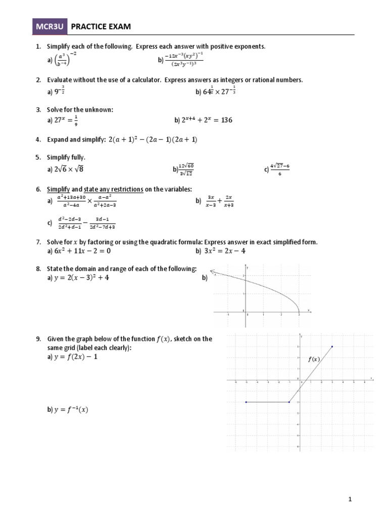 MCR3U Practice Exam | PDF | Function (Mathematics) | Quadratic Equation