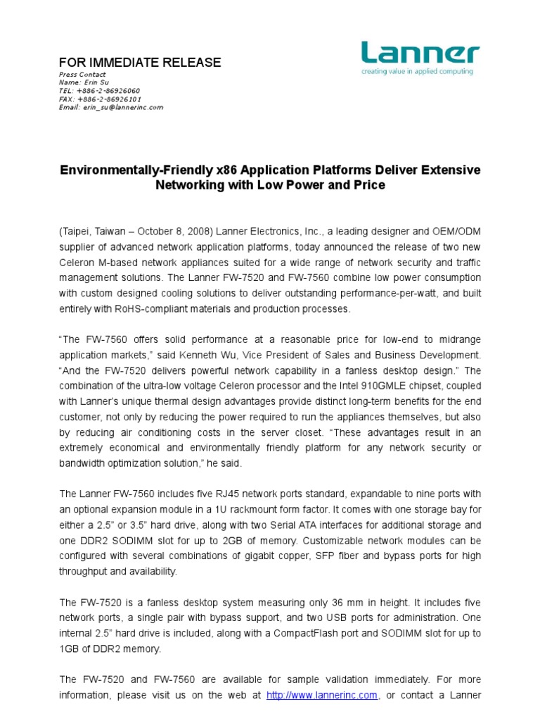 FW-7560 & 7520 PR 20081008 | PDF | Intel | Electrical Engineering