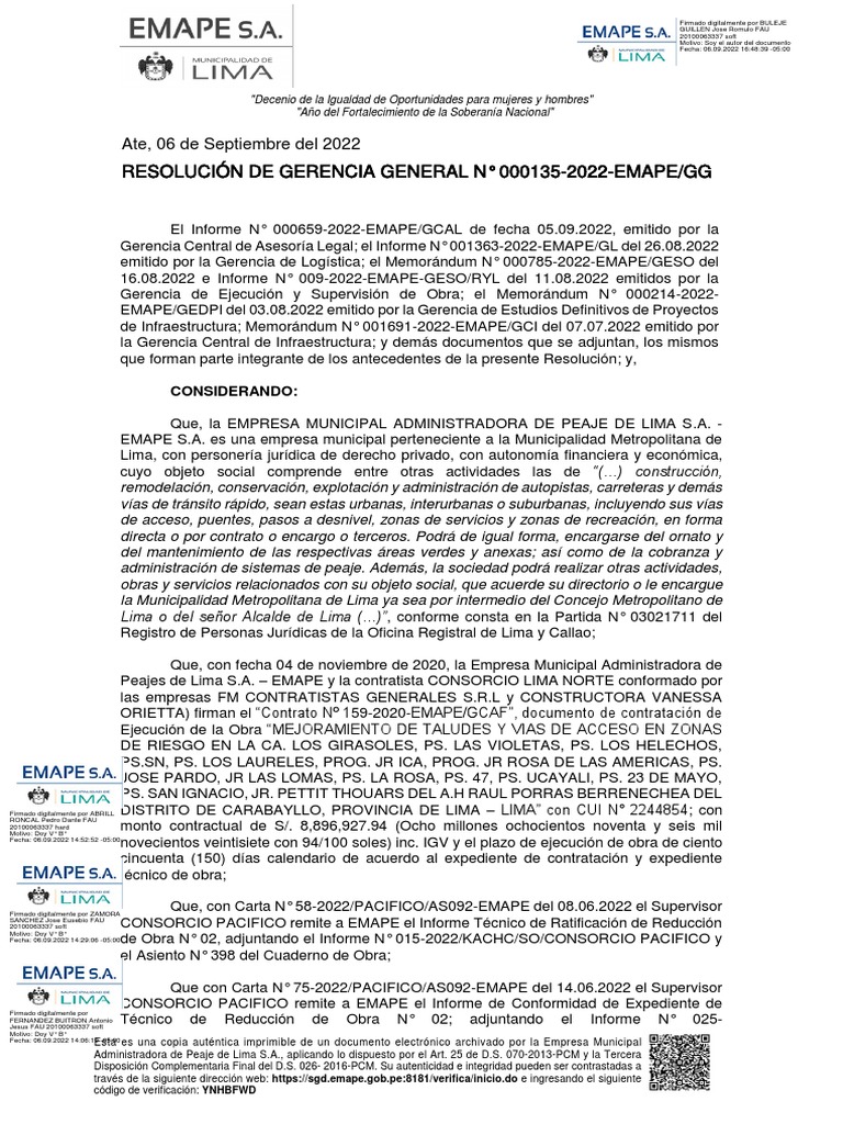 Resolución de Gerencia General-000135-2022-Gg (2) - Reduccion #02 PDF | PDF | Regulación | Lima