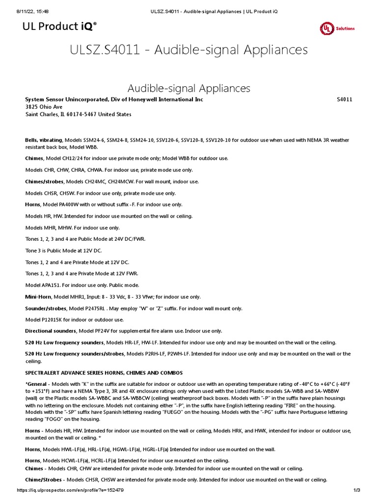 41-42-P2R-ULSZ.S4011 - Audible-Signal Appliances - UL Product Iq PDF ...