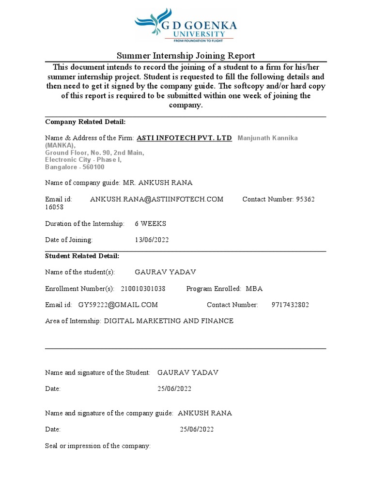 Summer Internship Joining Report (1).docx | PDF