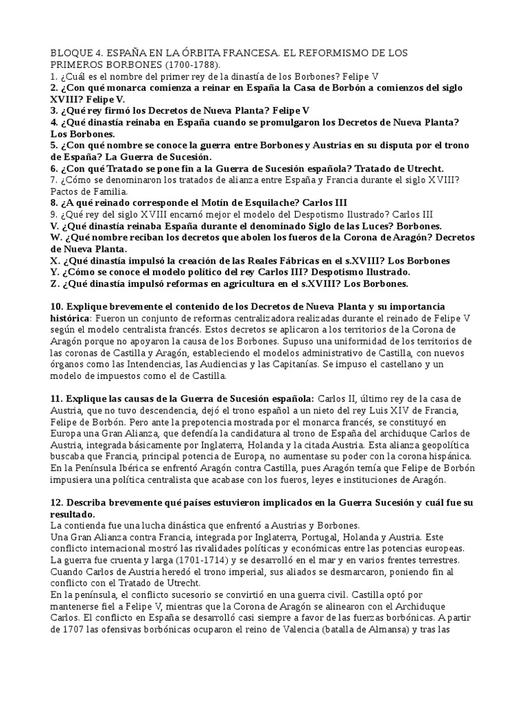 Preguntas Resueltas Borbones (XVIII) 2023 | PDF | Imperio español ...