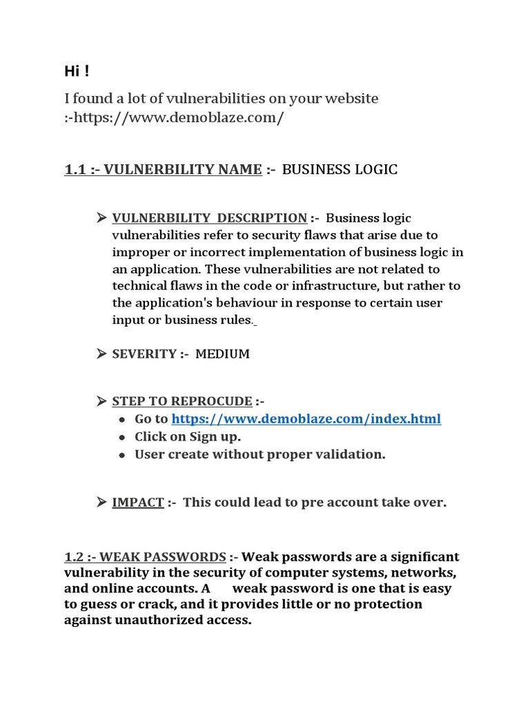 Demoblaze - Report | PDF | Password | Vulnerability (Computing)