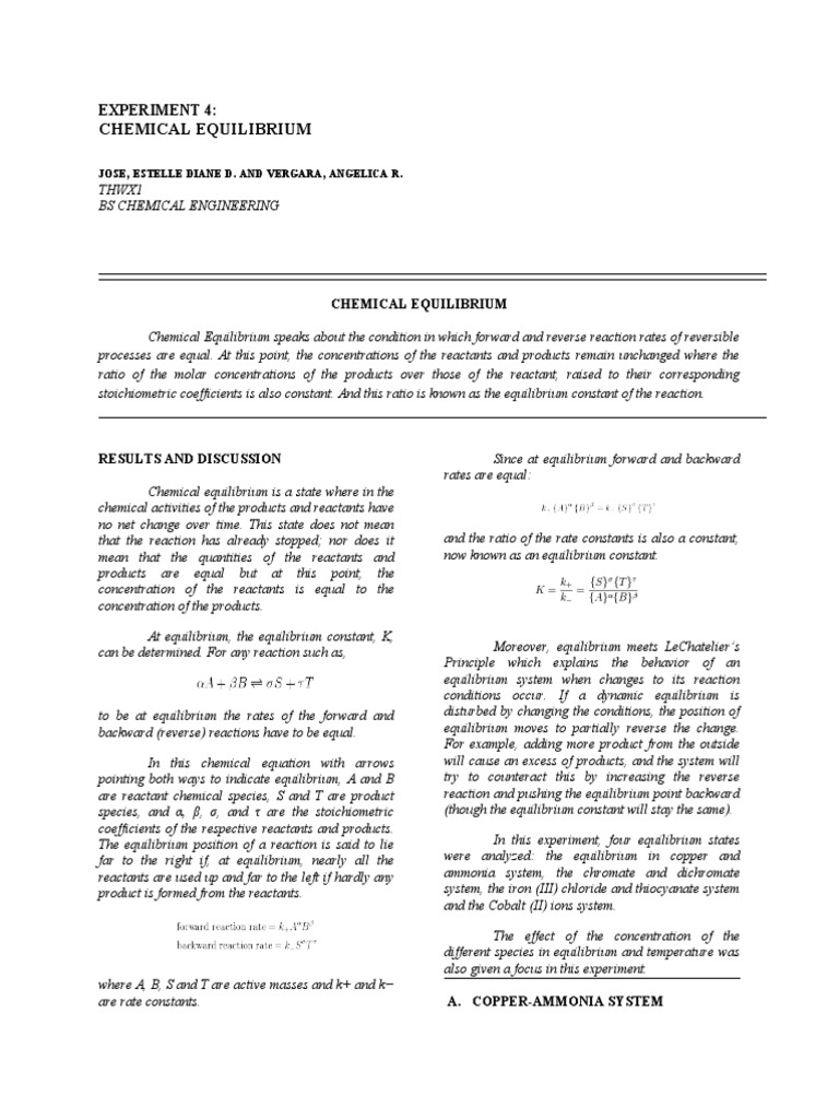CHEMICAL EQUILIBRIUM EXPERIMENT | PDF | Chemical Equilibrium | Reaction ...