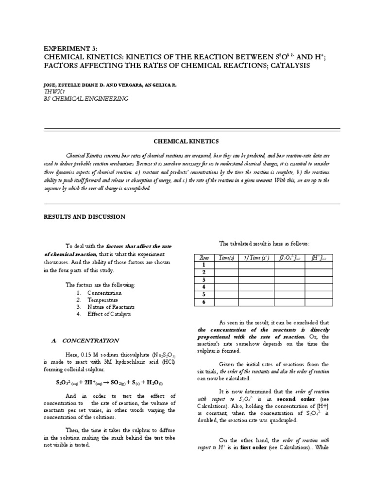 Chem 17 - KINETICS OF THE REACTION BETWEEN S2O3 2 - AND H+ | PDF ...