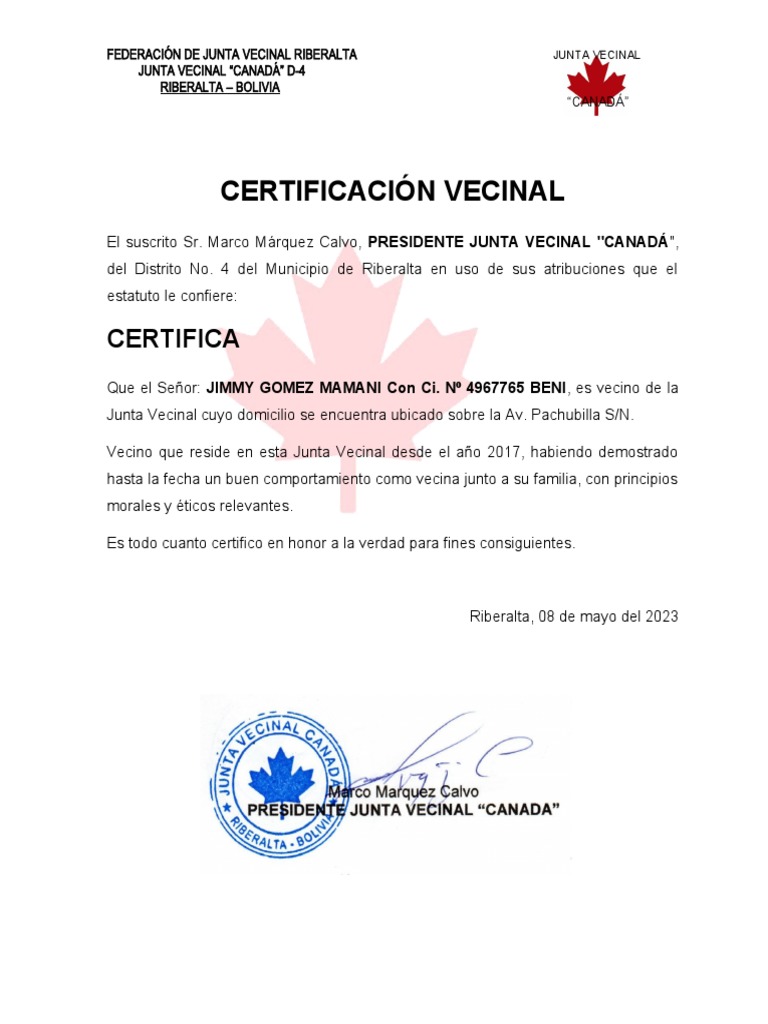 Certificacion Barrio Canada JIMMY GOMEZ MAMANI | PDF