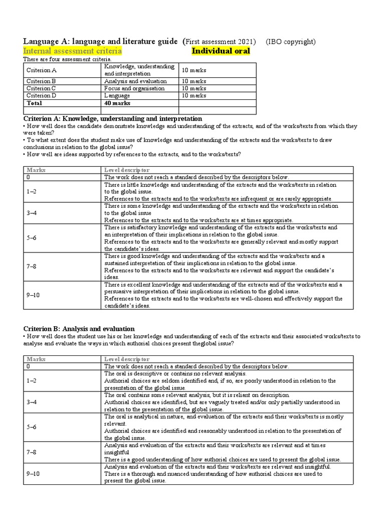 IB Eng A: Lang/Lit Oral Examination Assessment Criteria - Subject Guide ...