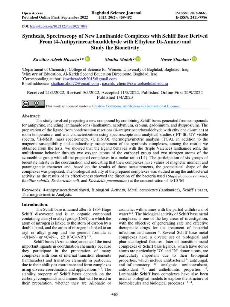 New Lanthanide Complexes Synthesis, Spectroscopy and Bioactivity Study | PDF | Coordination ...
