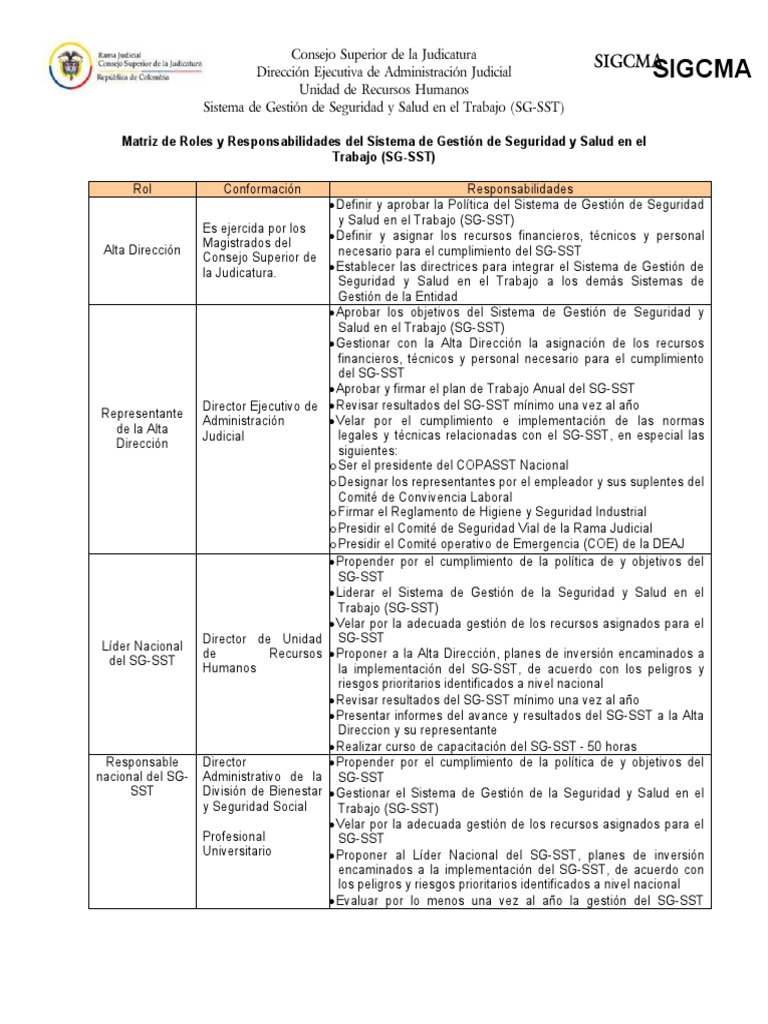 Matriz de Roles y Responsabilidades Del SG-SST 21-10-2019 | PDF ...