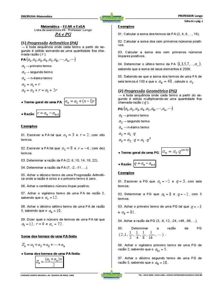 Exercícios de PA e PG em Matemática | PDF | Sequência | Conceitos matemáticos