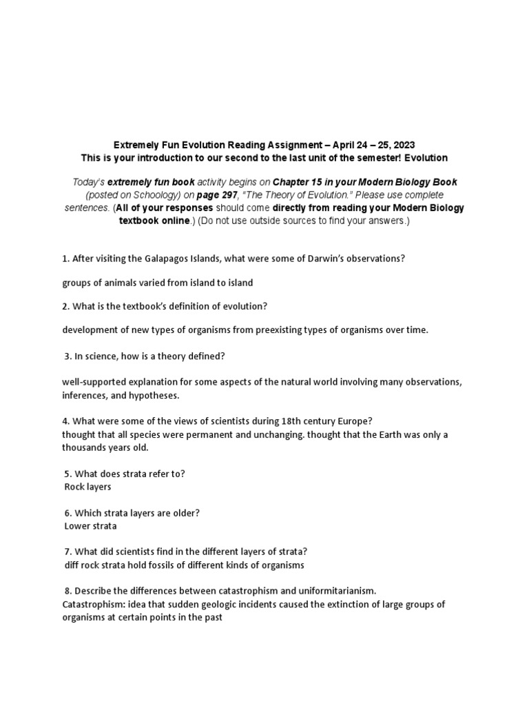 Evolution Reading Assignment | PDF | Evolution | Homology (Biology)