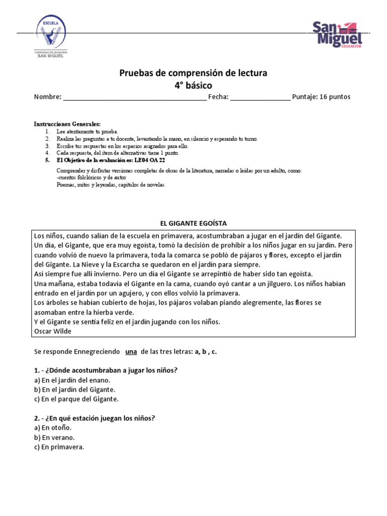 Pruebas de Comprensión Lectora 4° Básico | PDF | Artes del Lenguaje y ...