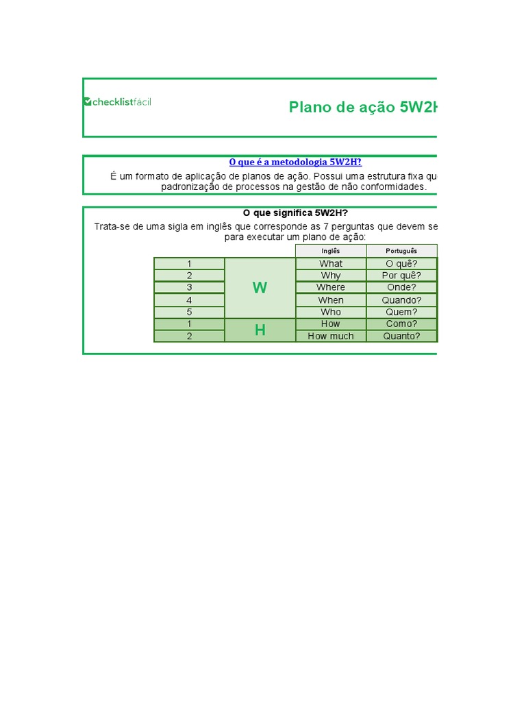 Plano de Acao 5W2H Checklist Facil | PDF