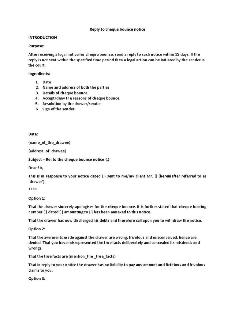 Reply Format for Cheque Bounce Notice | PDF